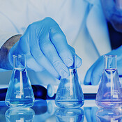 Chemical, beaker and hands of man in lab for forensic pathologist ...
