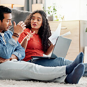 Stress, couple and talking with document at house for finance planning ...