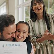 Happy, school report and parents with child in home for score, good ...
