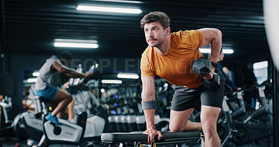 Fitness, man and workout with dumbbell row in gym for muscle ...