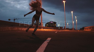 Freedom, dance and woman dancing in the road on a highway with the ...