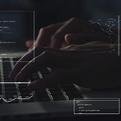 Cyber security, hacker and web design code programmer doing ai, erp and cloud computing glitch ...