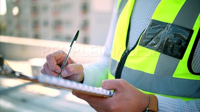 Checklist, writing and clipboard with safety man on construction site ...