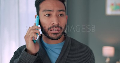 Stress, worried and problem phone call while looking upset while ...