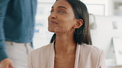 KIss, couple and office romance by man and woman excited to be together ...