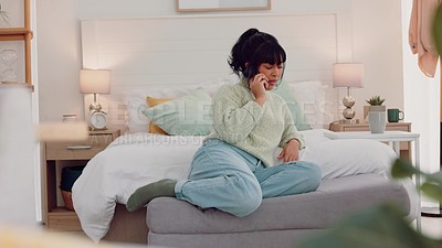 Stress, phone call and woman sad in her bedroom after breakup call on ...