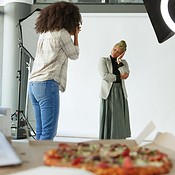 Studio, creative and photoshoot with photographer and model for fashion ...