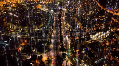 Digital city, night and networking data in IoT drone of buildings, 3d ...