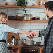 Love, dance and happy couple spinning while dancing in celebration of ...