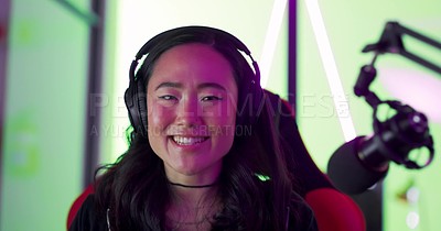 Gaming, streamer and online gamer talking, speaking or live streaming ...