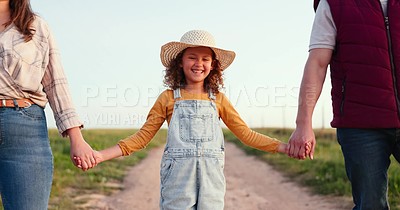 Agriculture, farming and family holding hands on farm in summer ...