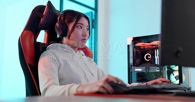 Video game, streaming and gamer woman with futuristic gaming room or ...