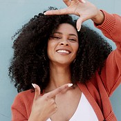 Happy, frame gesture and portrait of woman with crazy high energy ...