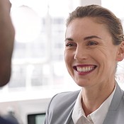 Corporate face, communication smile and business people meeting ...