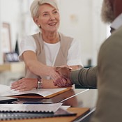 Elderly business people, handshake and b2b for partnership, trust or ...