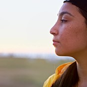 Freedom, breath and relax with a woman outdoor in nature with mockup ...