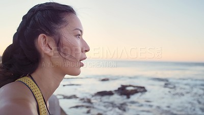 Tired, running and fitness with asian woman at beach for workout ...