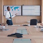 Black man, office and meeting in presentation, screen or planning in ...