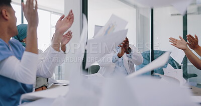 High five, applause and doctors throw paper in celebration of goals, targets or achievements ...
