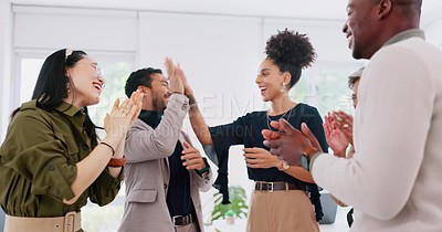 Team, applause and achievement for collaboration, group project and smile in office. Teamwork ...