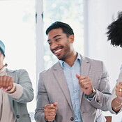 Happy, dance or employees in celebration of success, sales target or ...