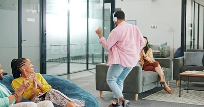 Man dancing, business people applause and office at team building ...