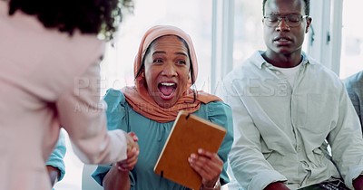 Woman, islamic and handshake with celebration at interview, happy or ...