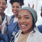 Doctors, friends and selfie in hospital for team building, solidarity ...