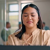 Asian business woman, laptop and breathing in for relief, relaxation or ...