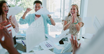 Applause, winner or high five with a business team throwing documents during collaboration at a ...