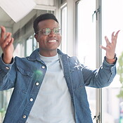 Creative black man, smile and throwing papers in celebration, victory ...