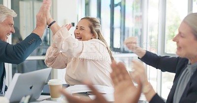 Business woman, applause and laughing with people at seminar, meeting ...