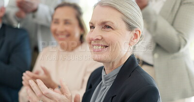 Business woman, applause and laughing with people at seminar, meeting ...