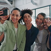 Selfie, friends and diversity with woman friends posing for a profile ...