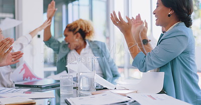 Business people in meeting, applause and screen, black woman speaker ...