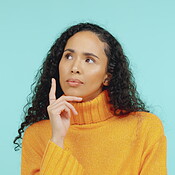 Black woman, thinking and surprised with idea, solution or plan against ...