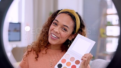 Girl, makeup tutorial video and ring light with eyeshadow, color ...