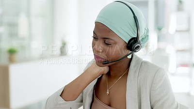 Black woman, call center employee and neck pain with injury, bad ...