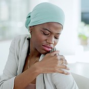 Black woman in business, shoulder pain and injury, muscle tension and ...