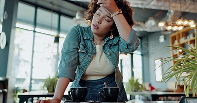 Cafe, black woman and waitress tired, stress and overworked with health ...