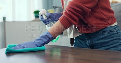 Spray, hands and woman cleaning table, furniture surface and ...