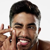 Pimple pop, Indian man and struggling model doing skincare and wellness ...