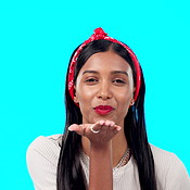 Woman, face and blowing kiss with lipstick for love, compassion or ...