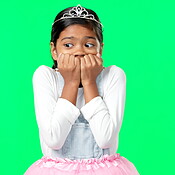 Scared, fear and child with anxiety on green screen with crown ...