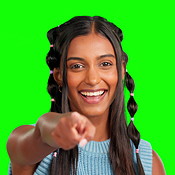 Portrait, pointing and decision with a woman on a green screen ...