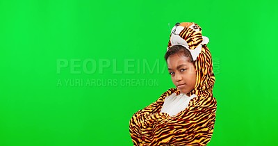 Green screen, sunglasses and face of child with costume, cool accessory ...