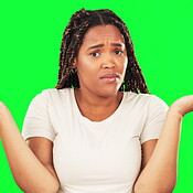 Face, confused woman and shrug on green screen, hands and forgot ...