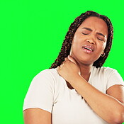 Black woman, hand and shoulder pain on studio green screen with muscle ...