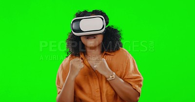 Green screen face, shocked and woman point at retail promo information ...