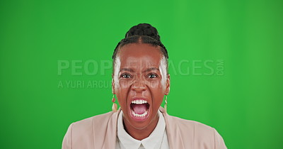 Screaming, angry and business with black woman in green screen for ...
